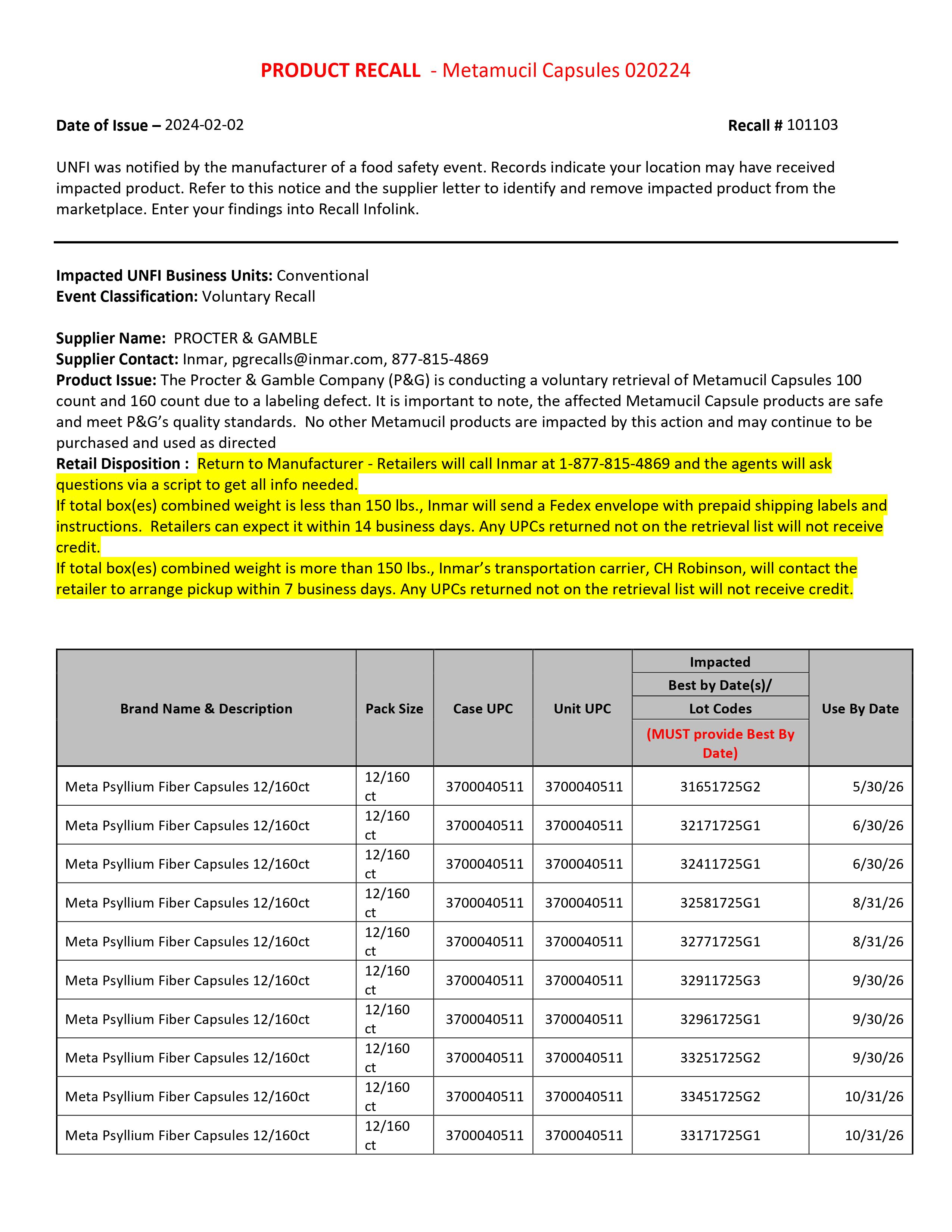 Proctor & Gamble | Recalls | Boyer's Food Markets