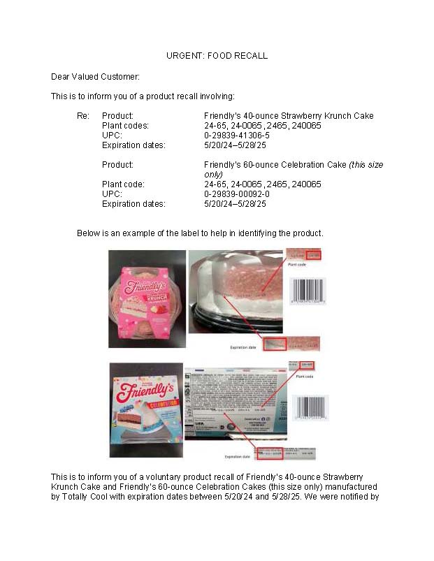 Friendly's | Recalls | Boyer's Food Markets